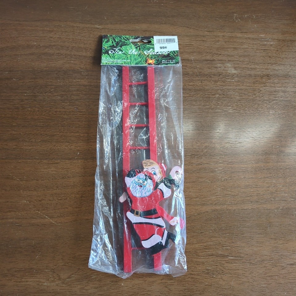 Vintage Christmas Ladder + Figures Santa Elves Climbing Wood Ladder ...
