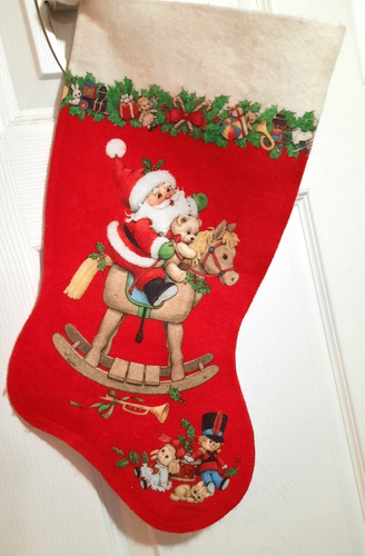 Ruth Morehead Christmas Stocking RARE design of Santa on Rocking Horse ...