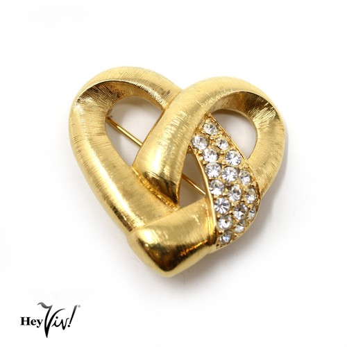 Vintage Monet Valentine Heart Pin - 1.5" Rhinestone Gold Knot -Gift Bag ...