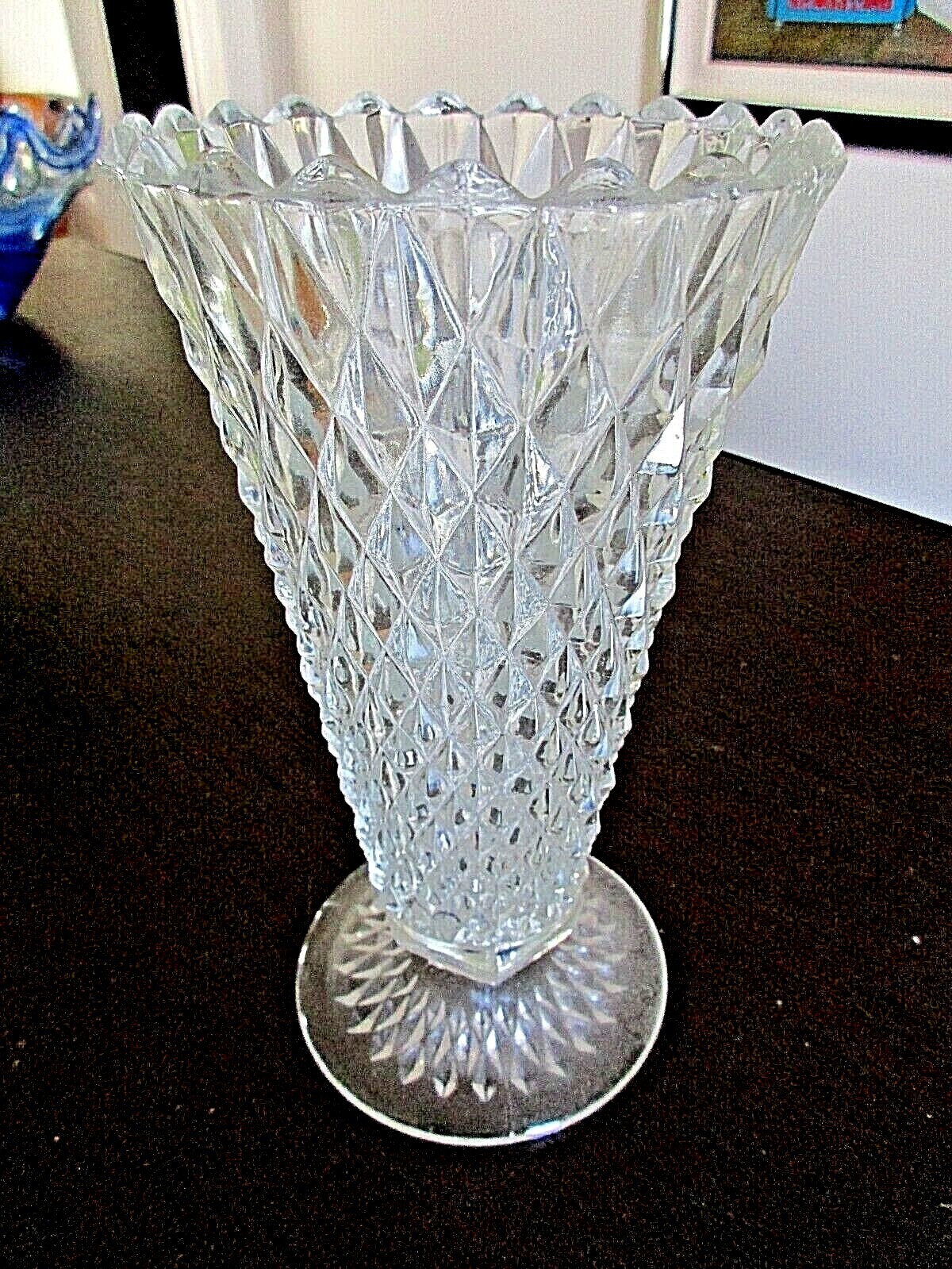 Diamond Point Vase by Indiana Glass 8" Tall 4" Top 3 3/4" Across Bottom ...