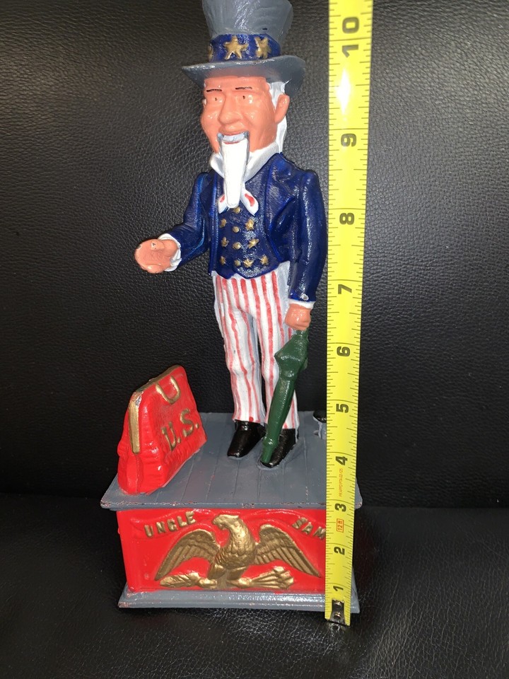 Vintage Replica Cast Iron Painted Mechanical Uncle Sam Penny Coin Bank ...