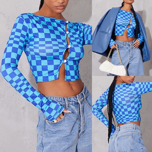 Womens Long Sleeve Plaid Lace Up Hollow Tops Ladies Casual Slim Fit ...