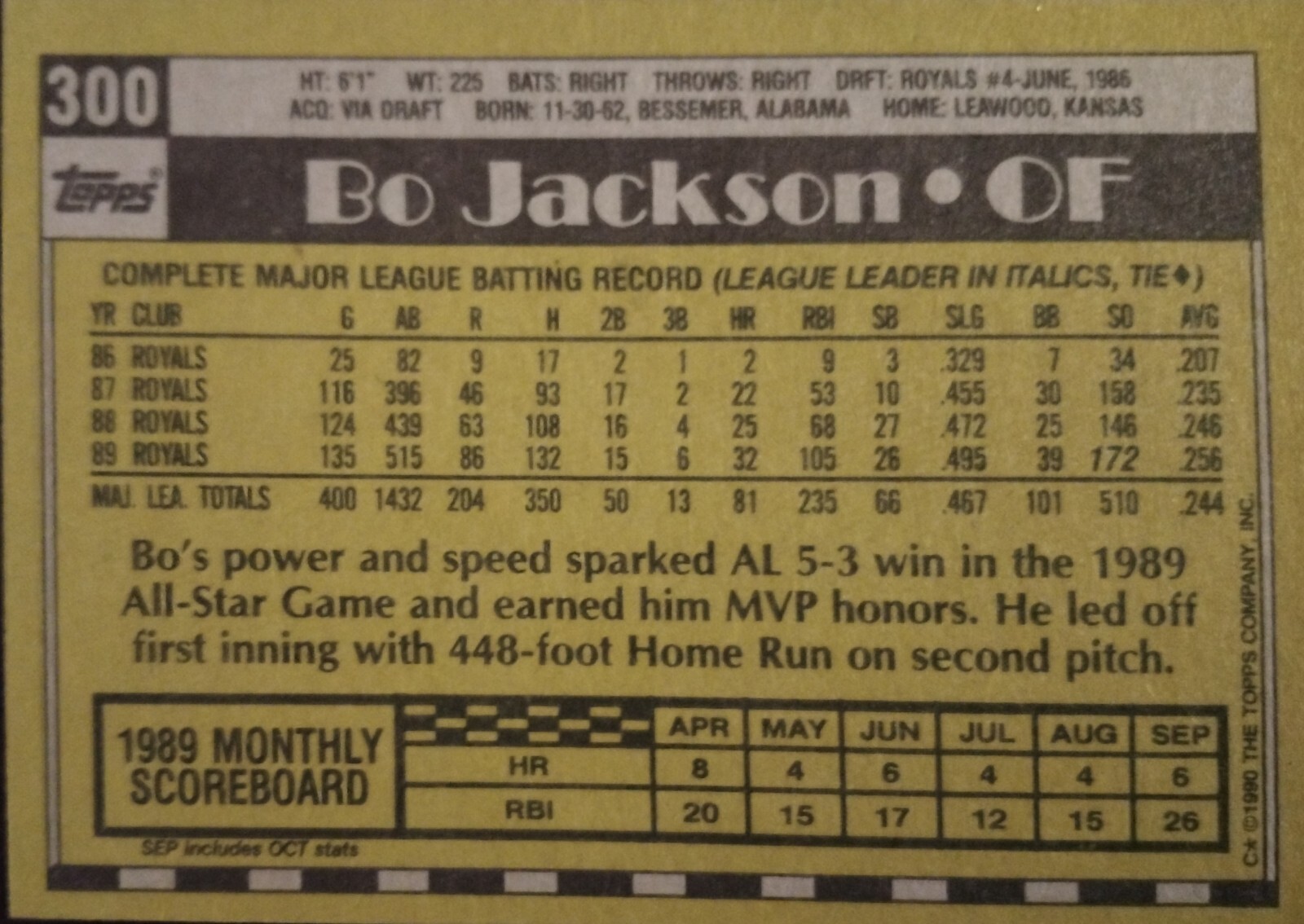 1990 Topps BO JACKSON #300 Kansas City Royals AUBURN TIGERS ⚾ FREE ...