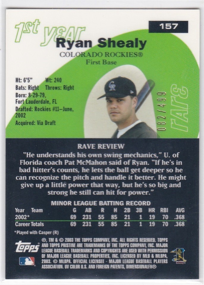 2003 Topps Pristine #157 Ryan Shealy /499 1st Year Rockies Free ...