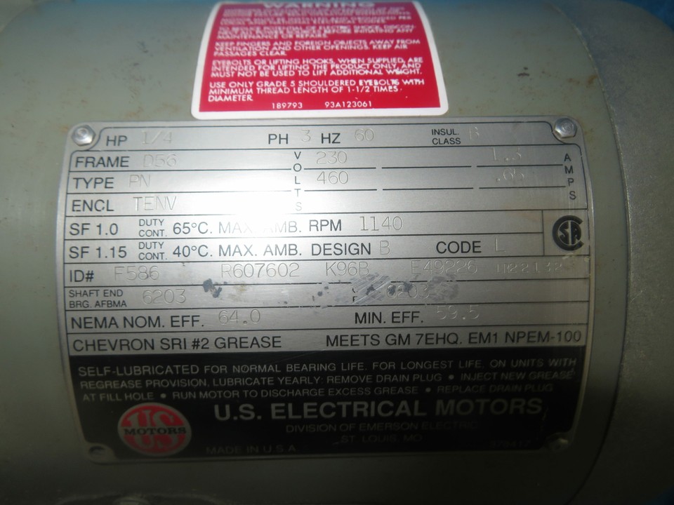 U.S Electrical Motors Type PN 1/4HP 3PH D56 Frame Motor + 1 Year ...