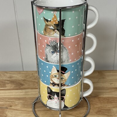 Pier 1 Imports Set of 4 Cups Stackable Party Cats Coffee Mugs with ...