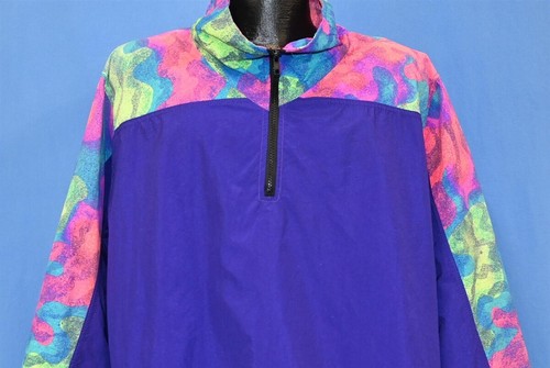 vtg 80s PURPLE NEON RAINBOW PULLOVER HALF ZIP HIGH NECK WINDBREAKER ...