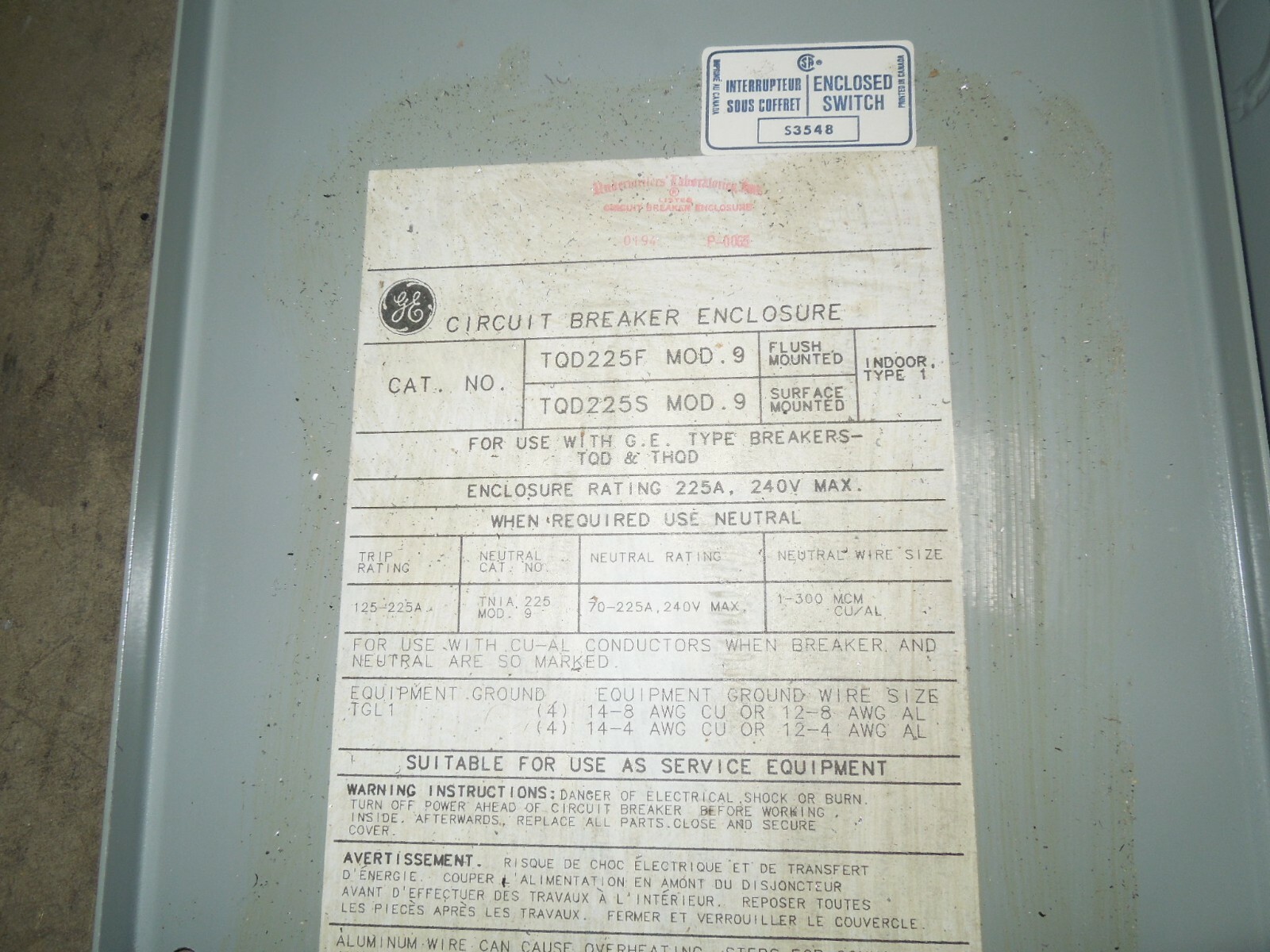 GE TQD225S NEMA 1 Circuit Breaker Enclosure w/ Breaker 70-225A 3p 240V ...