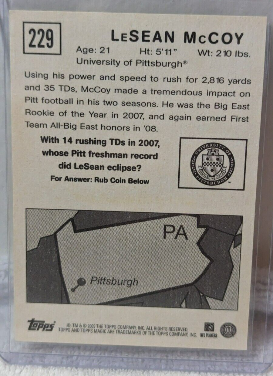 2009 TOPPS MAGIC # 229 LeSEAN McCOY ROOKIE , PITT , EAGLES NM Condition ...