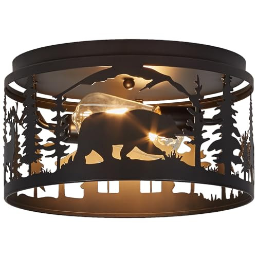 Rustic Flush Mount Ceiling Light - 2-Light Metal Fixture with Deer ...