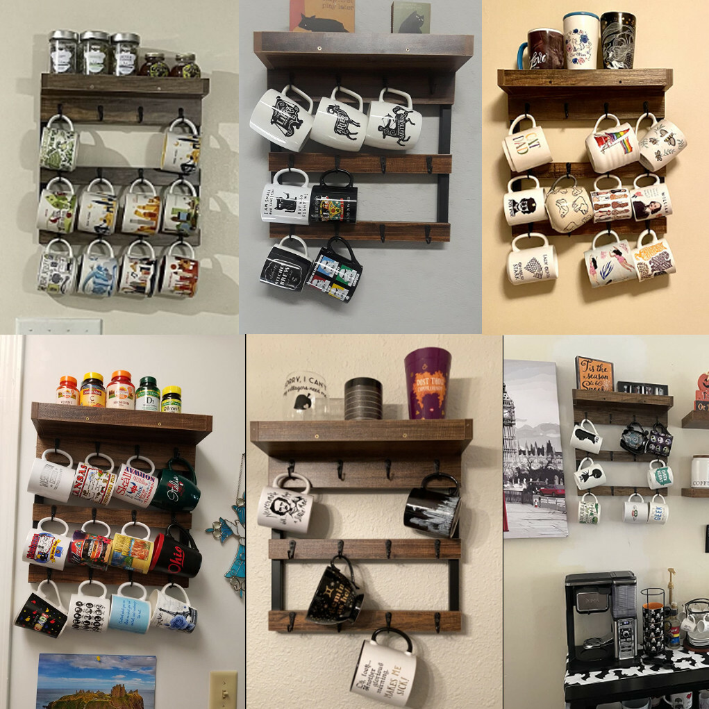 Sturdy Rustic Coffee Mug Rack Wall Mounted 12 Cups Holder w Anti-Drop ...