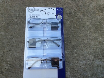 Semi rimless classic glasses +2.50 3 pack with coordinating cases ...