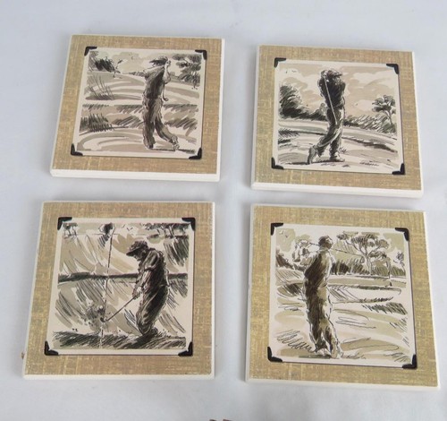 Set of Four Golf Themed Absorbent Stone Coasters in Original Box Made ...