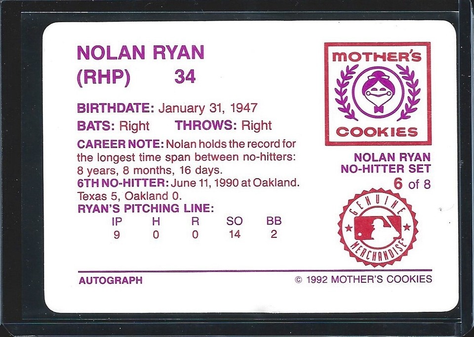 Nolan Ryan - 1992 Mother's Cookies #6 - PLEASE READ - Dinged Edge ...