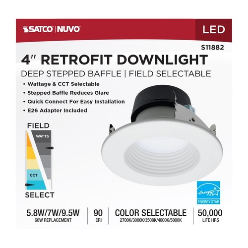 Satco S11882 - Field Selectable 4" LED Downlight Retrofit - Deep Baffle ...