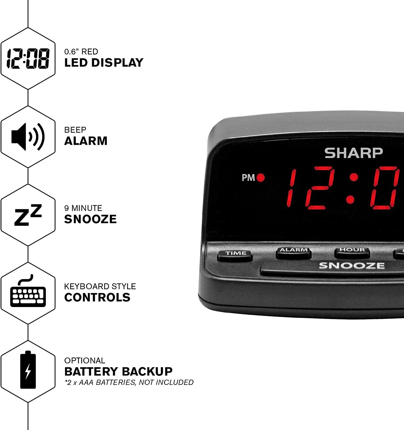 Digital Alarm Clock with Keyboard Style Controls, Battery Back-Up, Easy ...