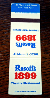 Vintage Matchbook: Rosoff's 1899 Theatre Restaurant, New York, NY | eBay