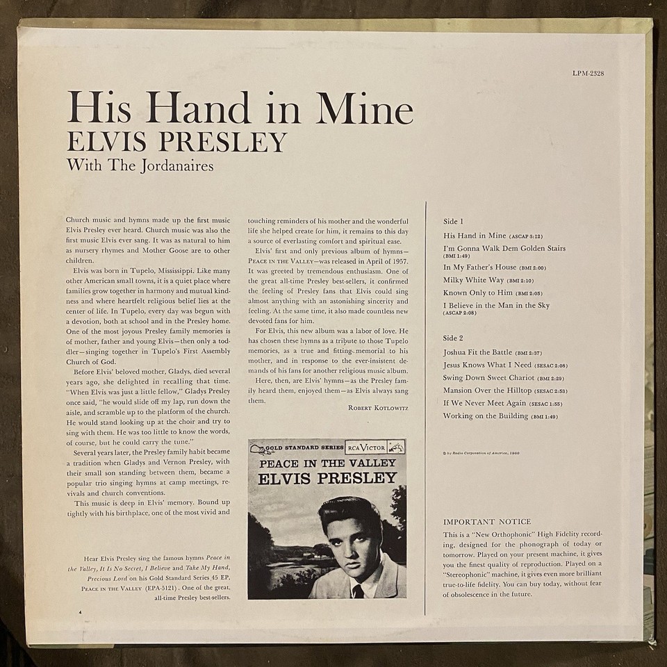 ELVIS PRESLEY His Hand in Mine - 1963 Mono Pressing RCA LP - BEAUTIFUL ...