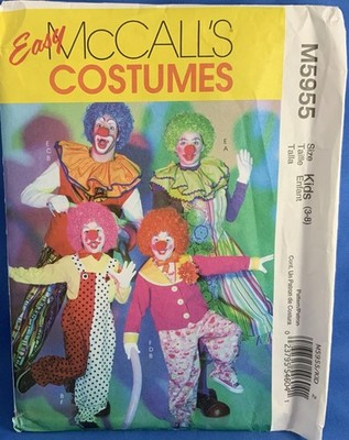 McCalls Easy Costume Halloween Pattern M5955 Clown Size Childs 3-8 ...