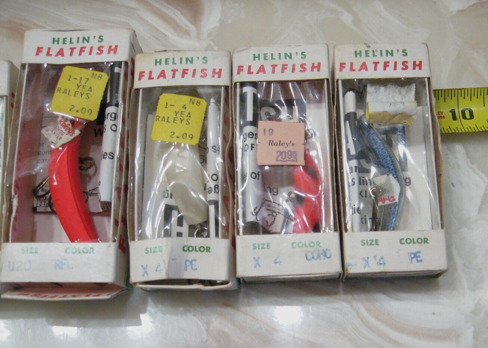 LOT OF 5 HELIN'S FLATFISH ASSORTED FISHING LURES NIB U20 X4 RFL PE COHO ...