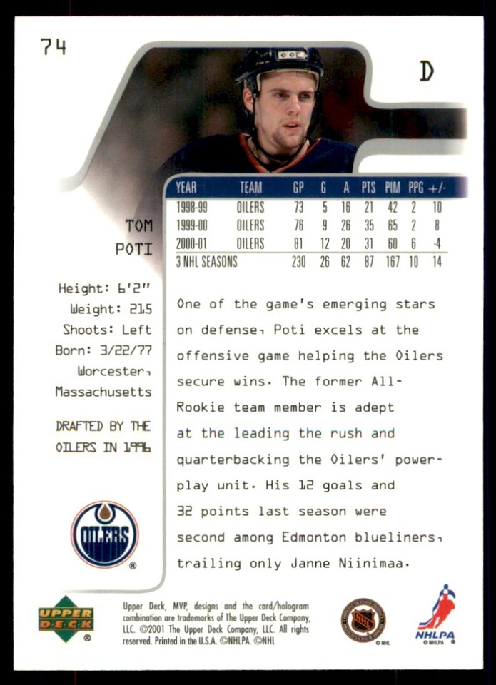 2001-02 Upper Deck MVP Tom Poti #74 | eBay