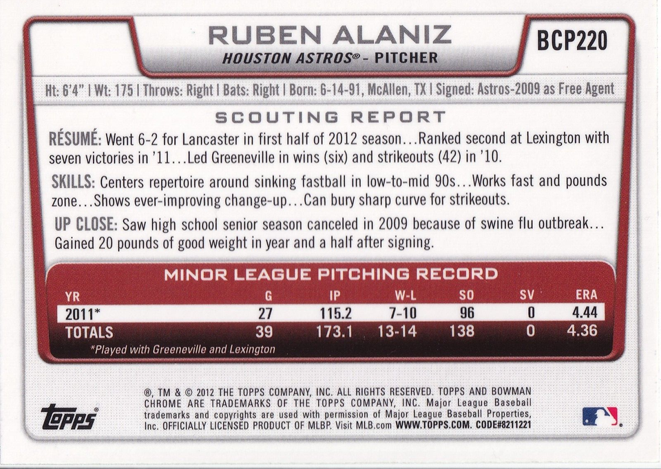 2012 Bowman #BCP220 Ruben Alaniz MLB Houston Astros + (Yes 3 Free ...