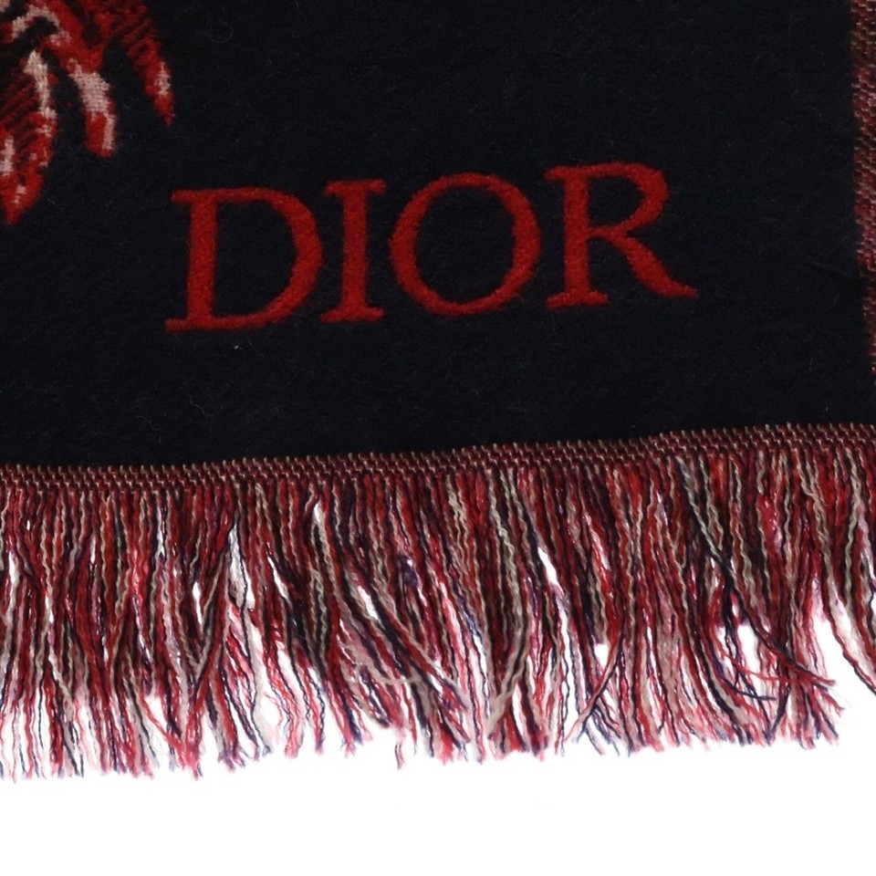 Christian Dior Tiger Print Logo Wool Muffler with Fringe Navy red Used ...