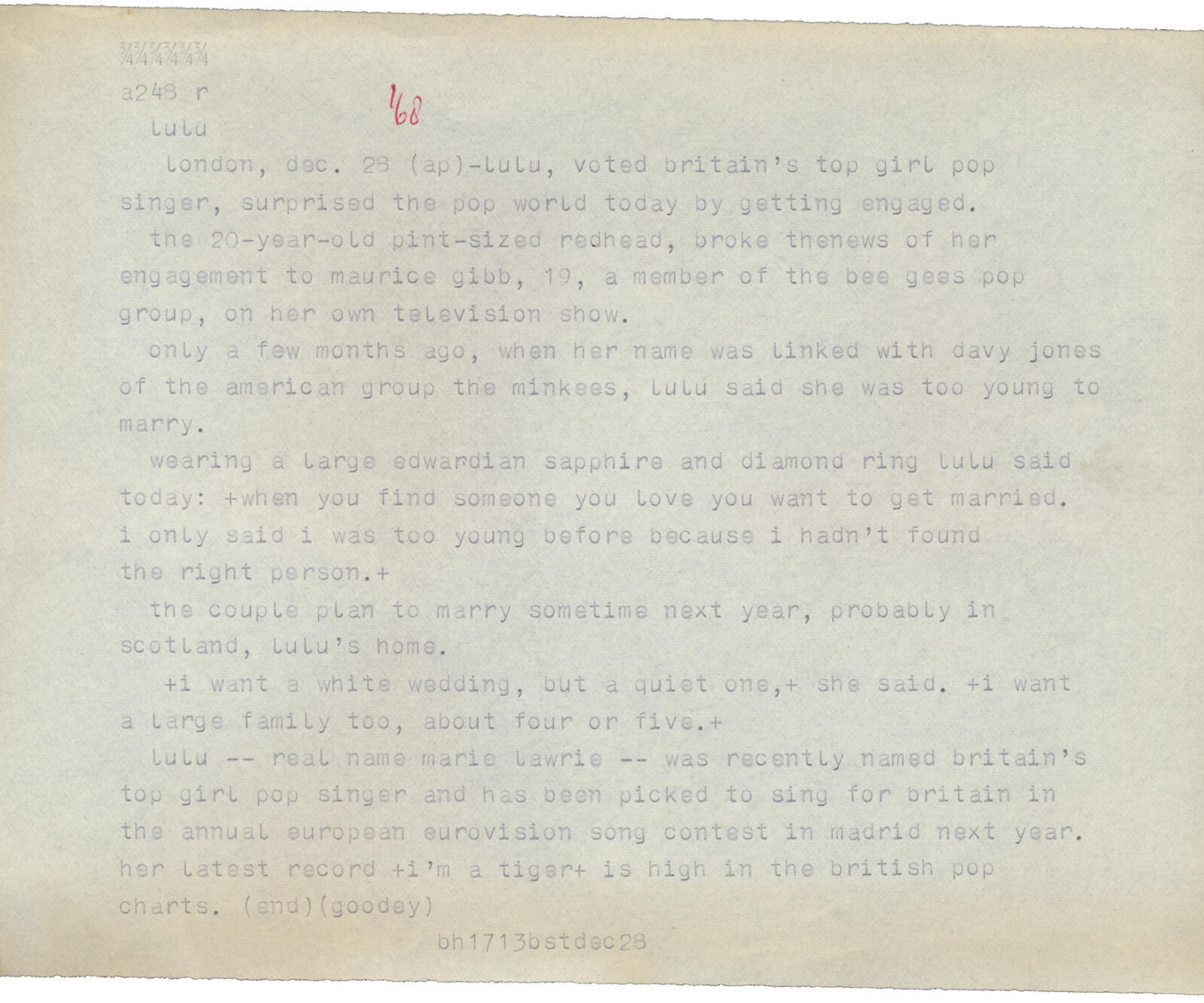 Lulu - Bee Gees - Maurice Gibb - December 28, 1968 [Holland] - Telex ...