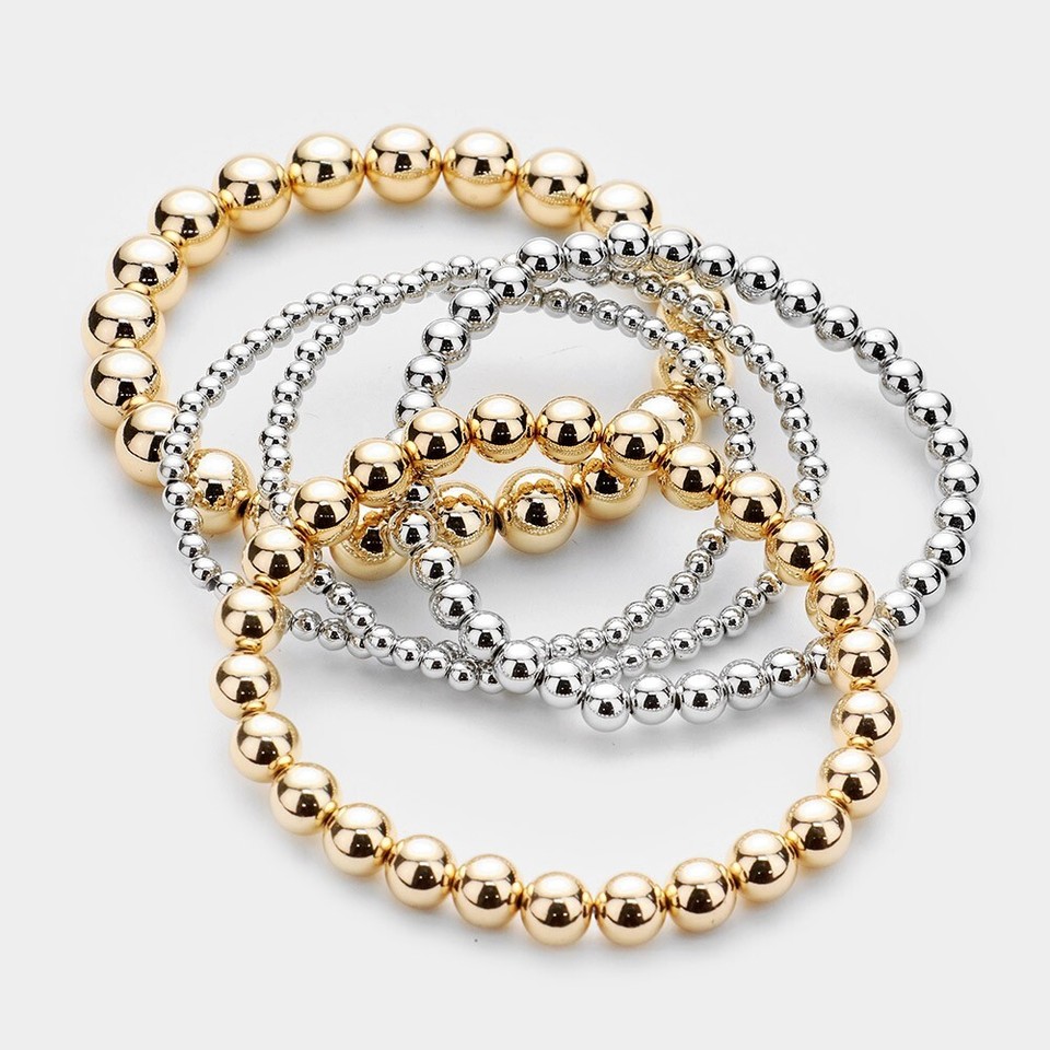Layered Bracelets Stretch 5 piece SET Metal Ball Beaded Bead GOLD ...