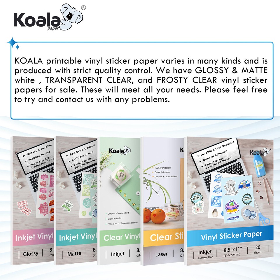 Lot 20-100 KOALA Printable Vinyl Sticker Paper Glossy/ Matte/ Clear ...