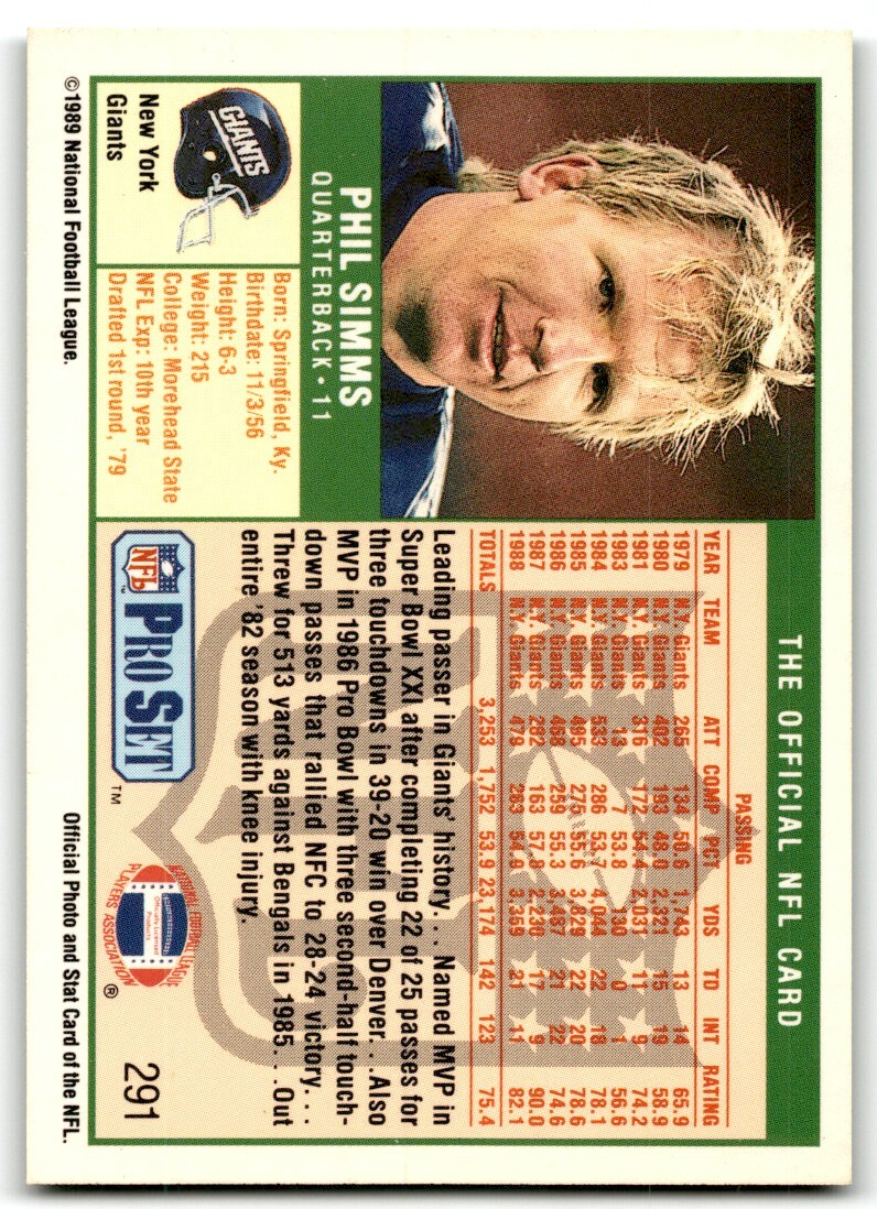 1989 PRO SET PHIL SIMMS NEW YORK GIANTS #291 | eBay
