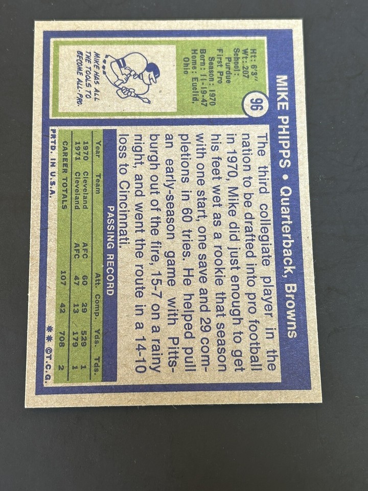 1972 Topps Football #96 Mike Phipps EX+ Cleveland Browns Purdue ...