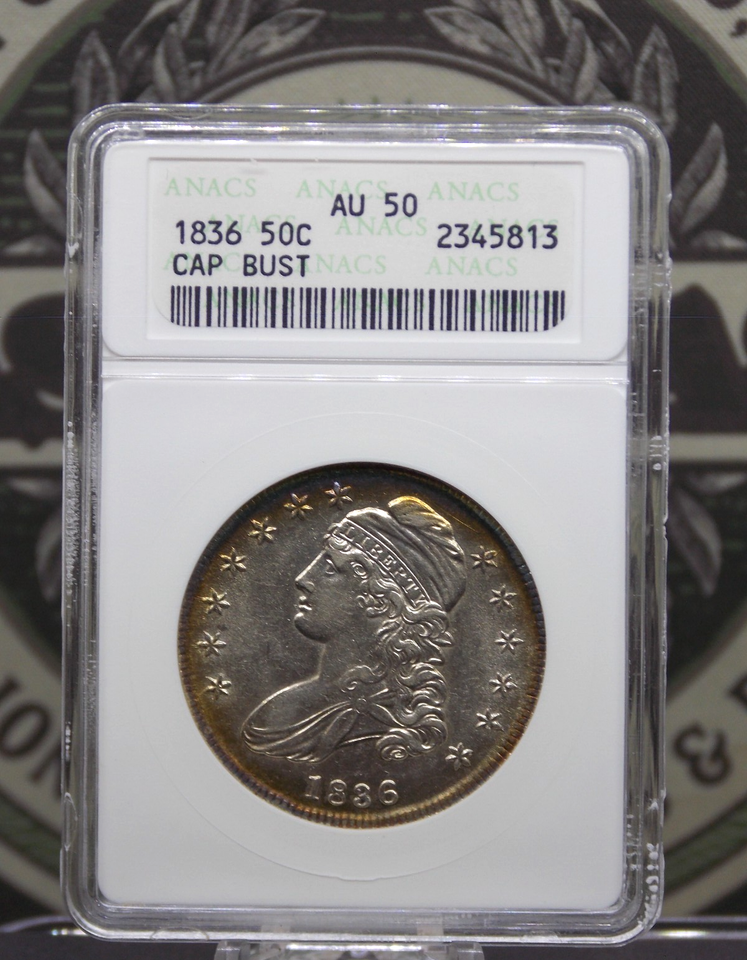 1836 Capped BUST Silver Half Dollar 50c ANACS AU50 #813 About Unc SOAP ...