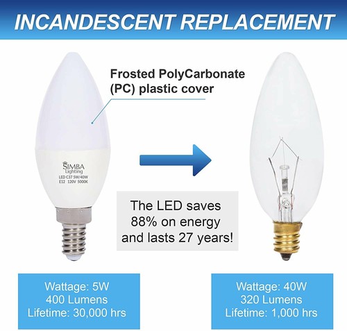 [6 Pack] LED Candelabra B11 C37 Bulbs 5W 40W Replacement 120V E12 5000K ...