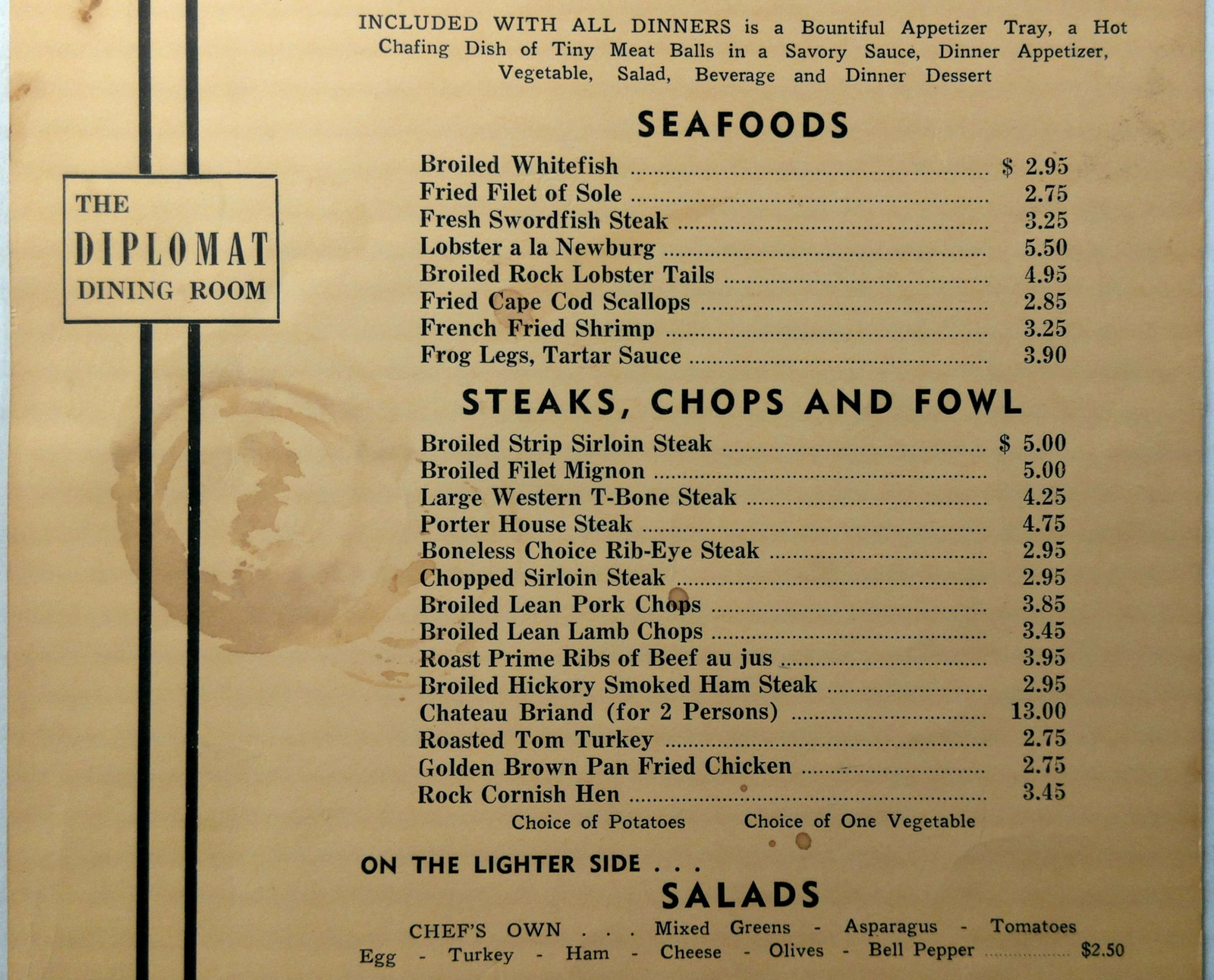1964 Menu Viscount Motor Hotel DIPLOMAT DINING ROOM Ontario Windsor ...