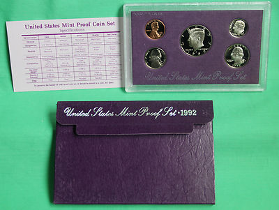 1992 S United States Mint ANNUAL Proof 5 Coin Set with Original Box and ...