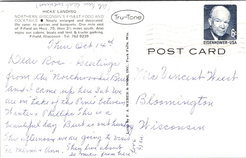 Vintage Postcard Hicks Landing Restaurant & Bar Fifield Wisconsin WI ...