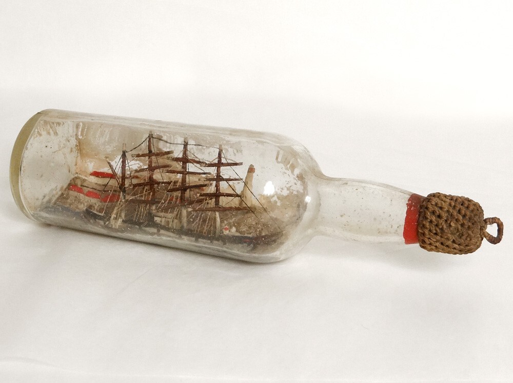 Model Ship 4 Masts Bottle Diorama Village Lighthouse Tugboat 19th ...