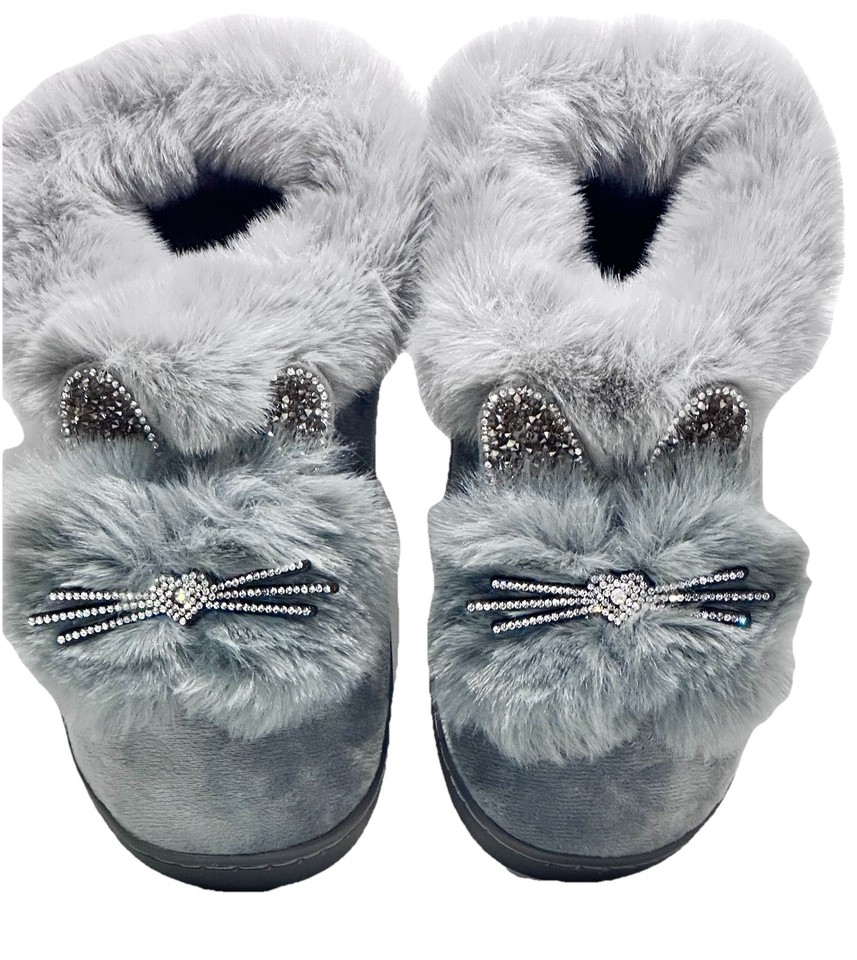 KITTY CAT FUZZY GRAY SLIPPERS ADORABLE & SUPER SOFT Women's Size 7-8 | eBay