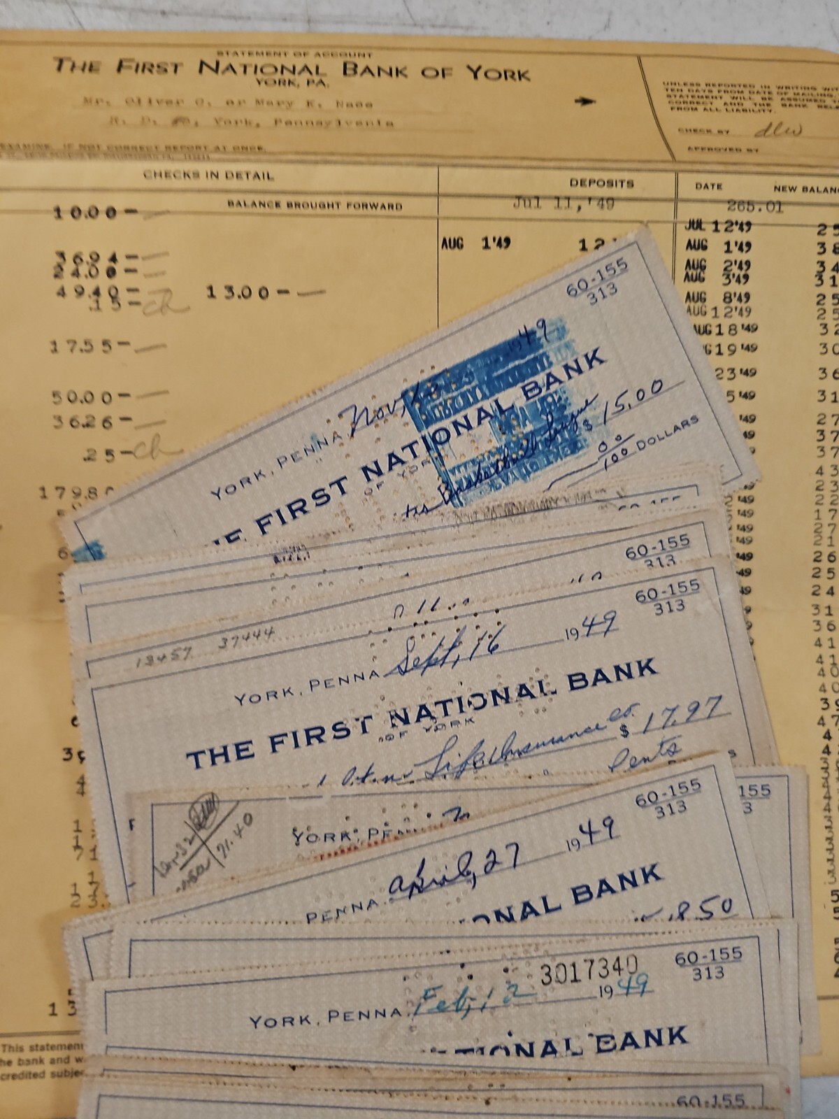 Vintage First National Bank of York, Pennsylvania 1949 Bank Statement ...