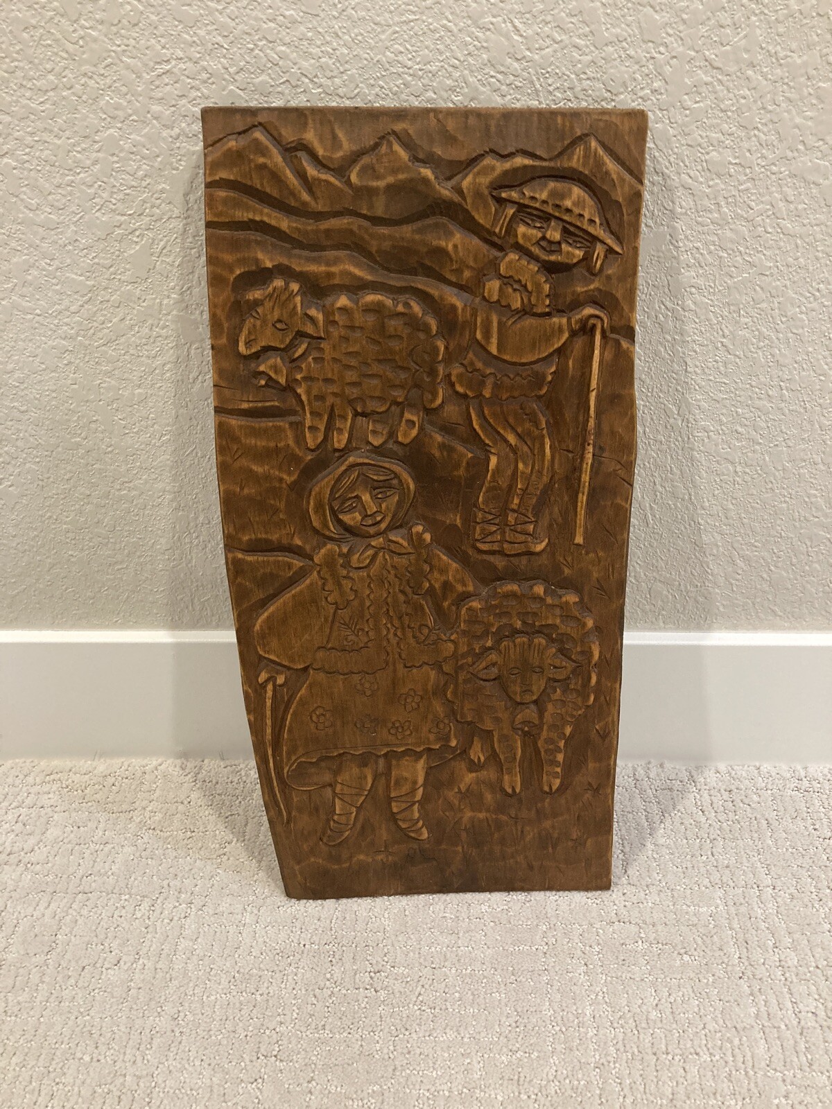 Hand Carved Signed Relief Plaque Wood Carving European Man Woman Sheep ...