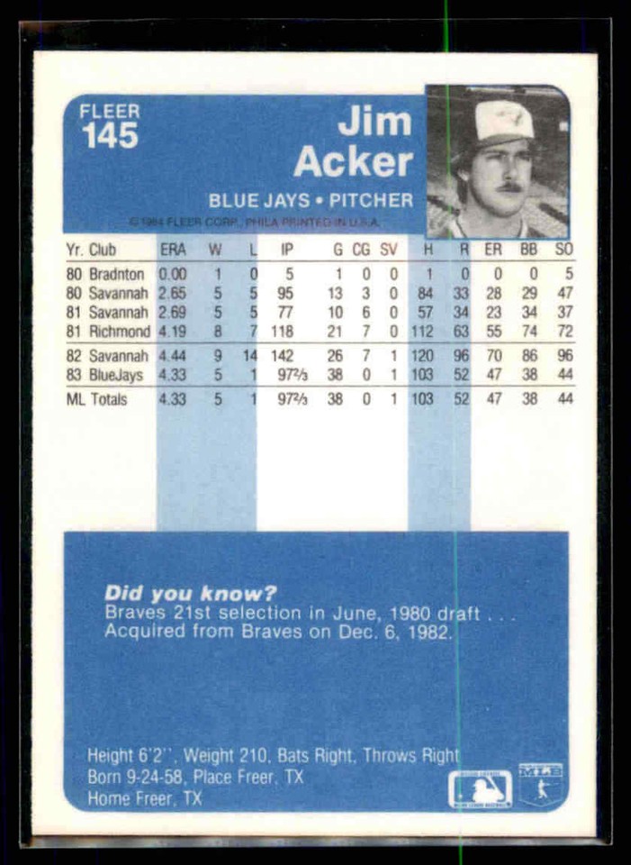 1984 Fleer Jim Acker RC #145 Toronto Blue Jays | eBay