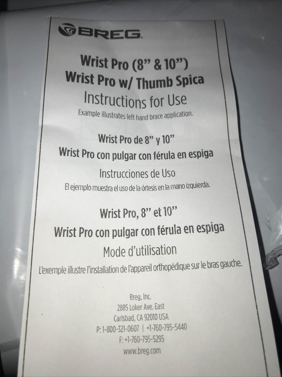 Breg Wrist Pro Brace With Thumb Spica,SMALL-LEFT . New ! Wrist Brace ...