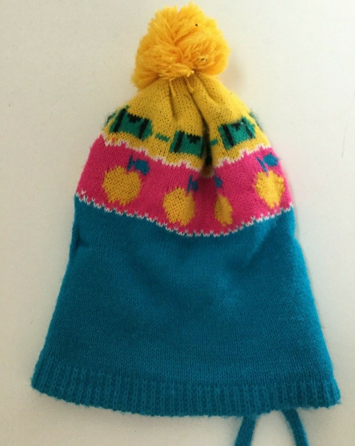 Vintage 80s Girls Beanie Cap Pom Teal Pink Yellow Apples Crayons Child ...