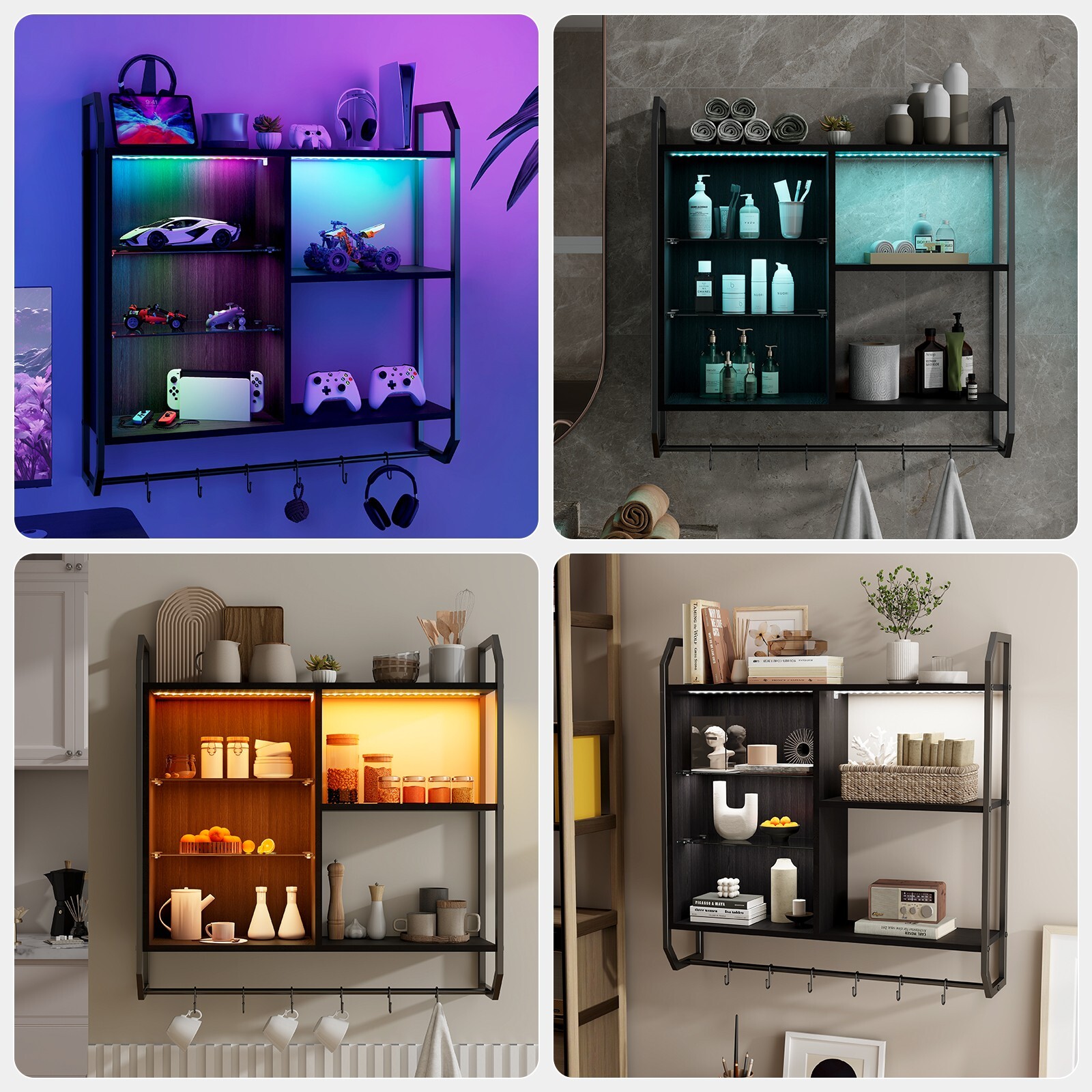 Wall Mounted Shelf Floating Storage Cabinet RGB Light Display Shelves ...