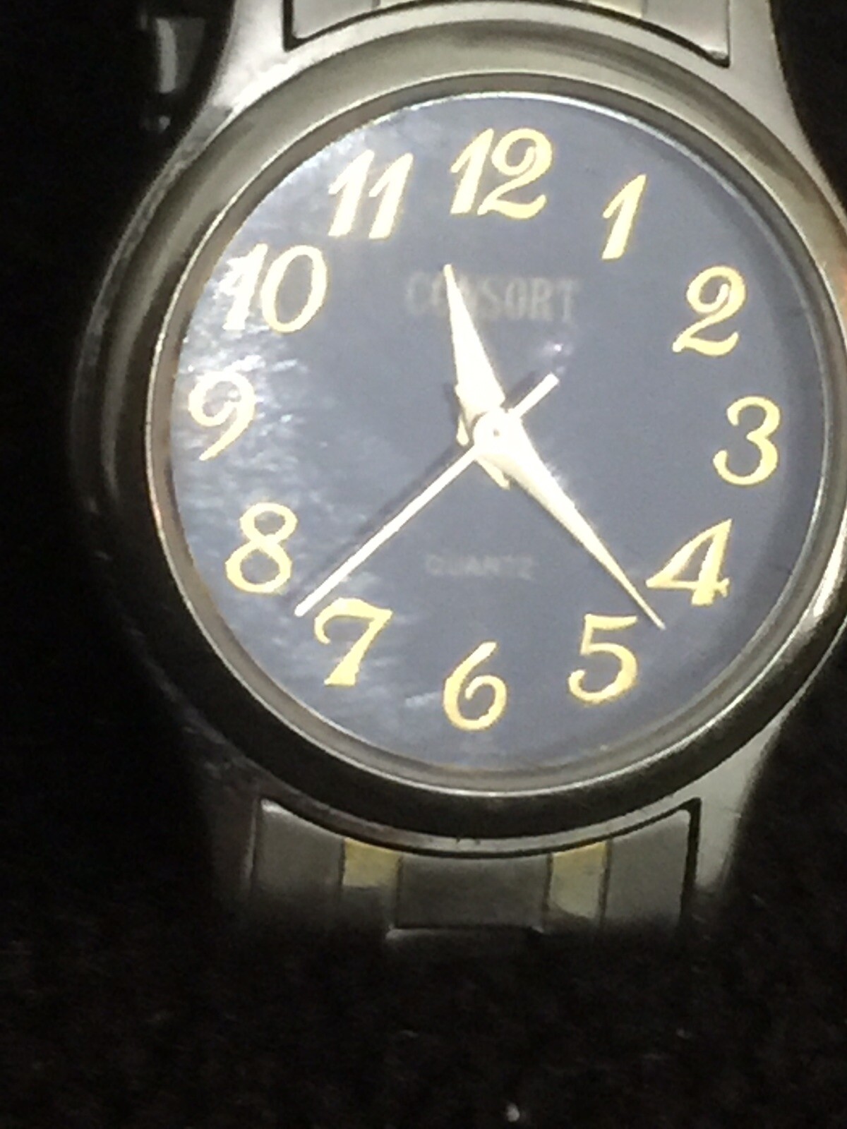 consort watch Ladies Quartz Black Face Gold Dail,28mm Case Stretch Band ...