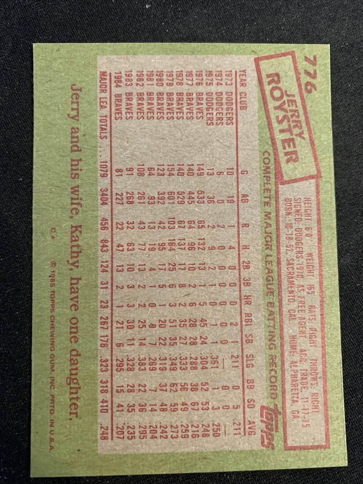 1985 Topps Baseball Card #776 Jerry Royster Atlanta Braves NmMt Free ...