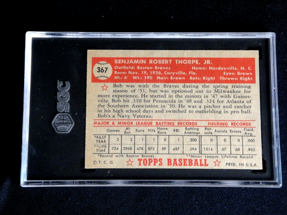 ORIGINAL BOB THORPE 1952 TOPPS BASEBALL CARD #367 SGC 5 EXCELLENT ...