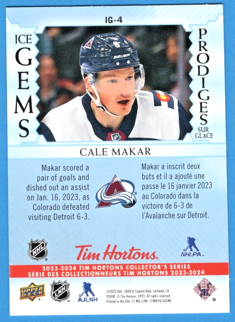 Cale Makar 2023/24 Upper Deck Tim Hortons Ice Gems 1:80 Packs | eBay