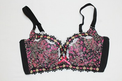 Pink/Black floral lace underwire push-up Bra- Satin bow - Size 28A | eBay